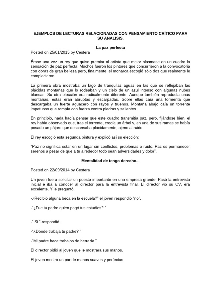 Ejemplos de Lecturas Relacionadas Con Pensamiento Crítico para Su ...