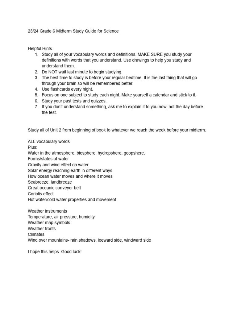 23 24 Grade 6 Midterm Study Guide For Science 2 | PDF
