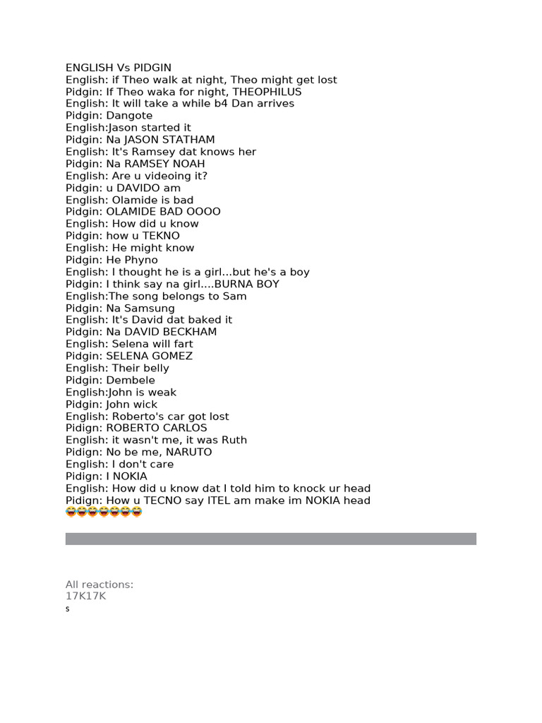 ENGLISH Vs PIDGIN | PDF