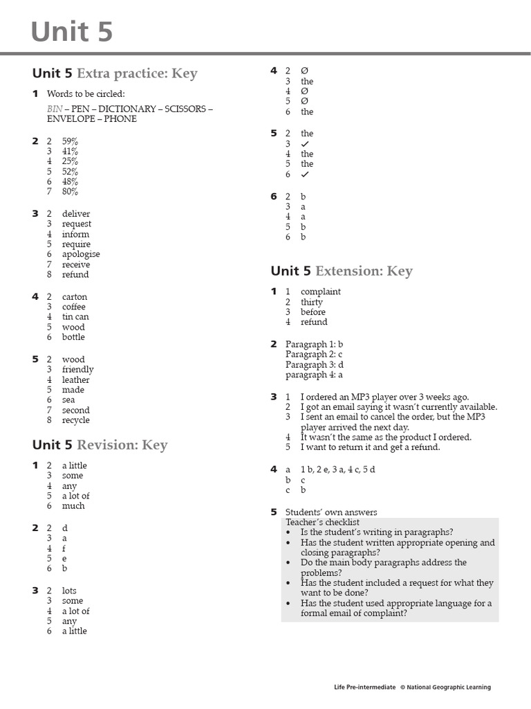 Pre Unit5 AnswerKey | PDF