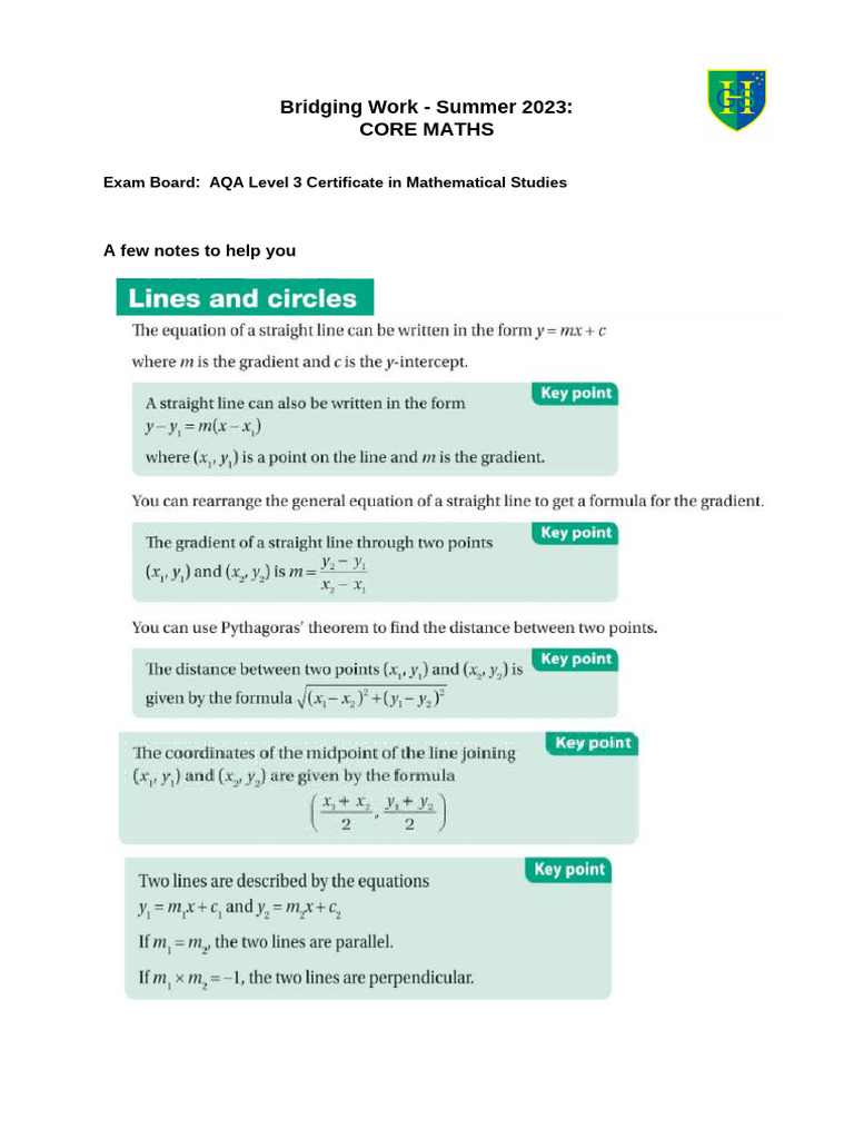 Core Maths Bridging Work 2023 | PDF