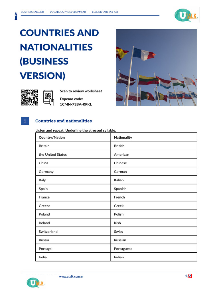 1 - Beginner Countries and Nationalities (Linguahouse) | PDF