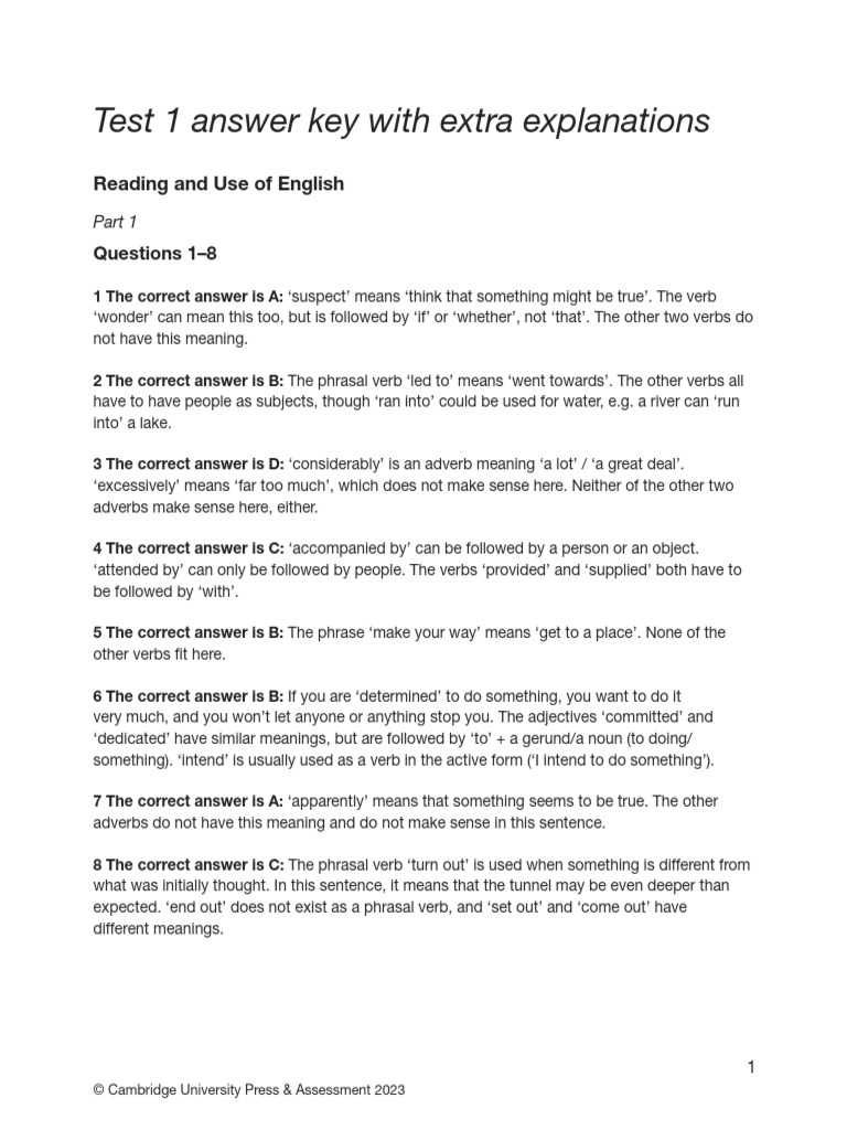 Test 1 Reading and Use of English Answer Key | PDF