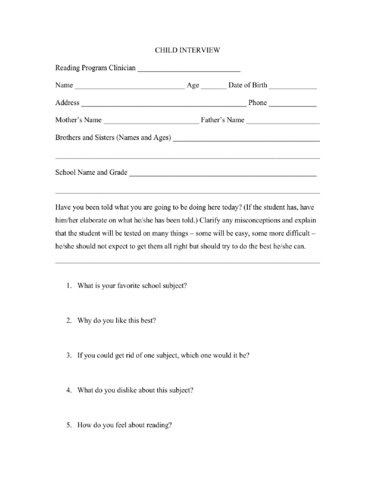 Child Interview Form - Reading Disabilities and Diagnosis 01 | PDF