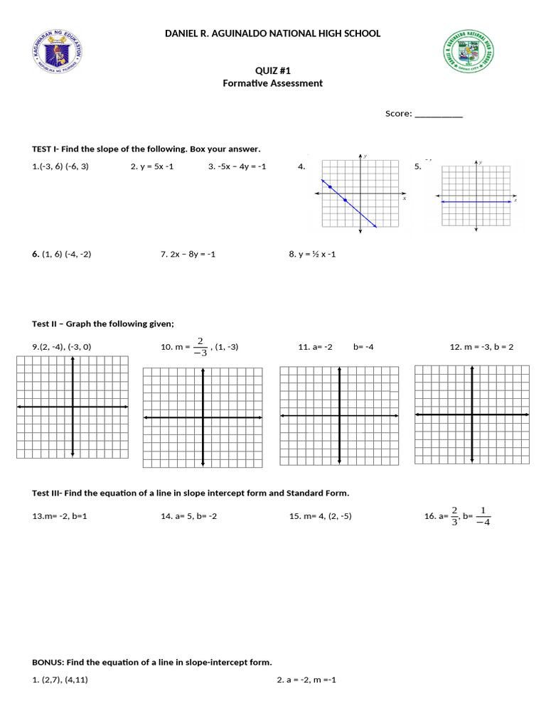 Quiz 1 Ste Slope, Equation, Graphing - 2nd Quarter | PDF