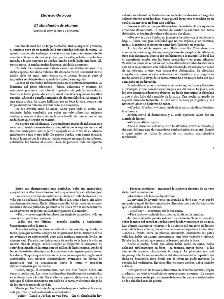 El Almohadón de Plumas Horacio Quiroga | PDF | Ficciones de misterio, "thriller" y crimen | Poesía