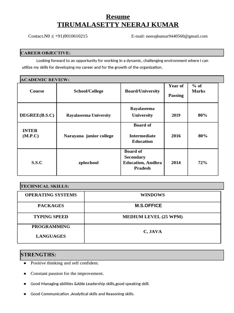 Resume Tirumalasetty Neeraj Kumar: Contact.N0: (+91) 9010610215 | PDF