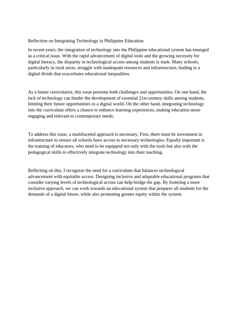 Reflection on Integrating Technology in Philippine Education | PDF