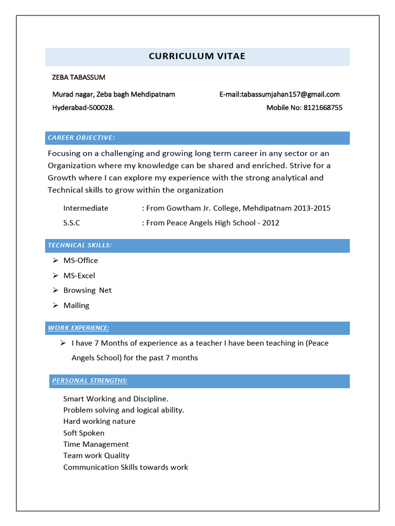 Zeba Tabassum Resume. | PDF