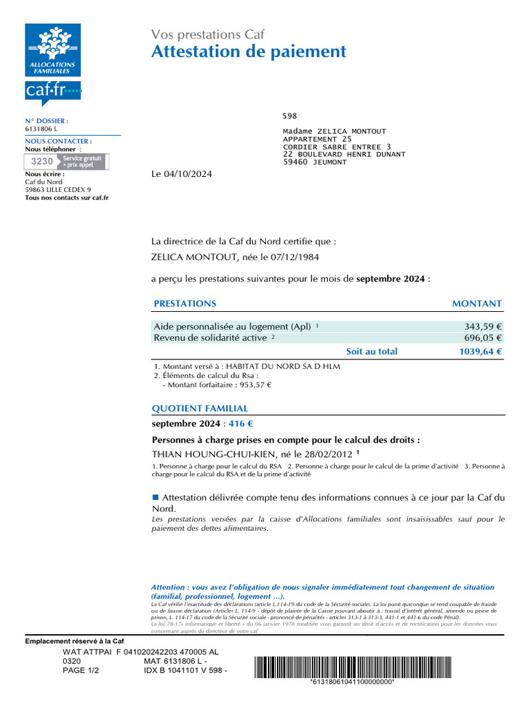 Attestation Paiement CAF | PDF