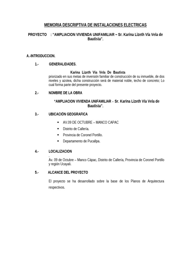 Memoria Descriptiva de Instalaciones Electricas-Pucallpa | PDF