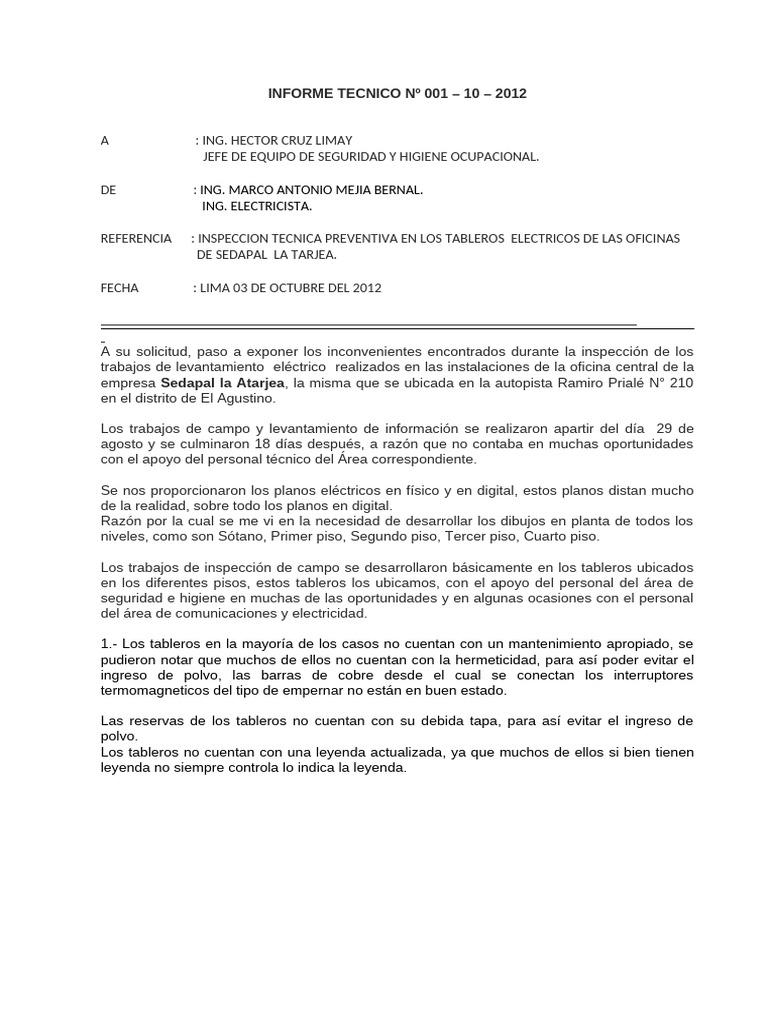 Informe Tecnico #001 La Atarjea | PDF