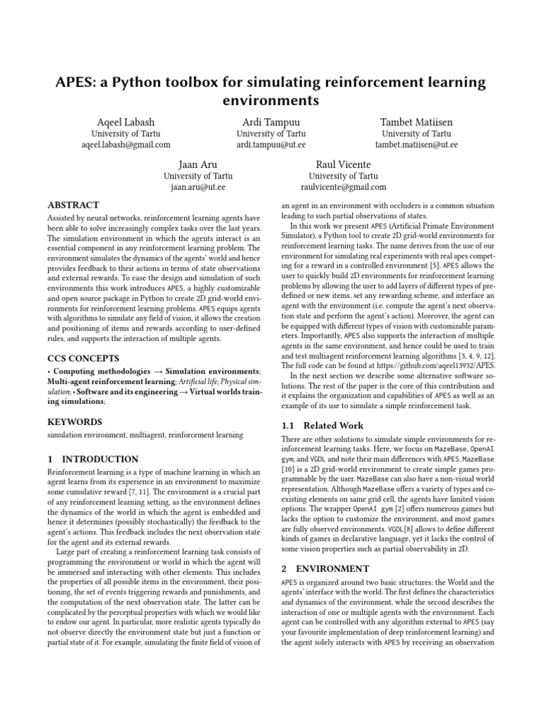 APES: A Python Toolbox For Simulating Reinforcement Learning ...