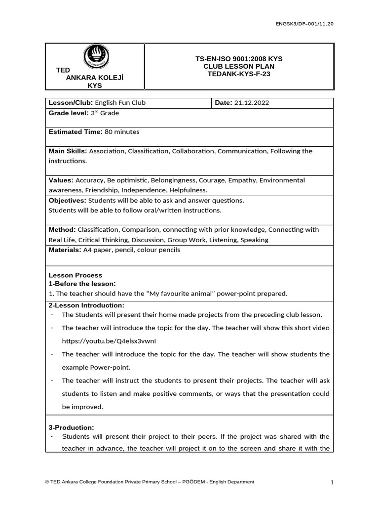 English Fun Club 21.12.2024 Lesson Plan | PDF | Lesson Plan | Career ...