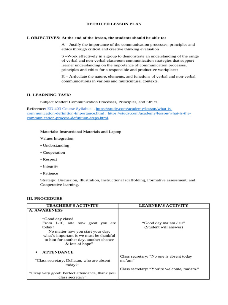 Detailed Lesson Plan Demo in Ed 403 | PDF | Communication | Nonverbal ...