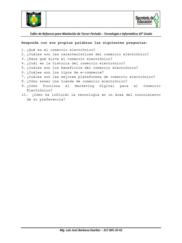 Taller de Nivelación 3 Periodo Tecnología e Informática 10° | PDF