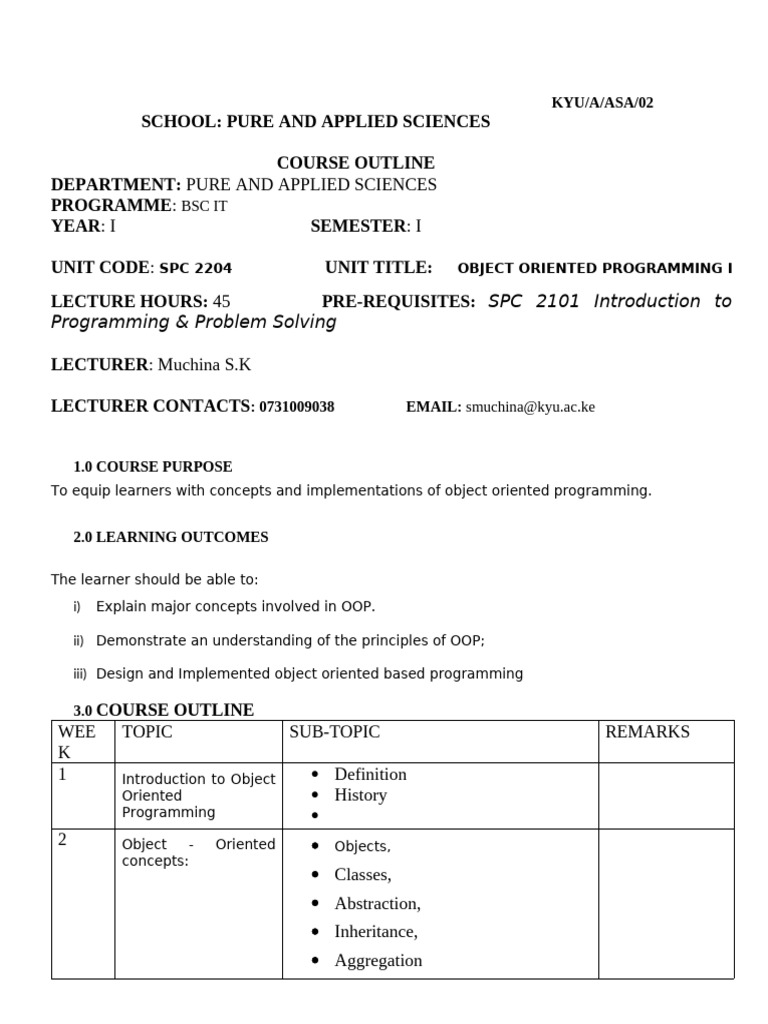 Oop Course Outline | PDF