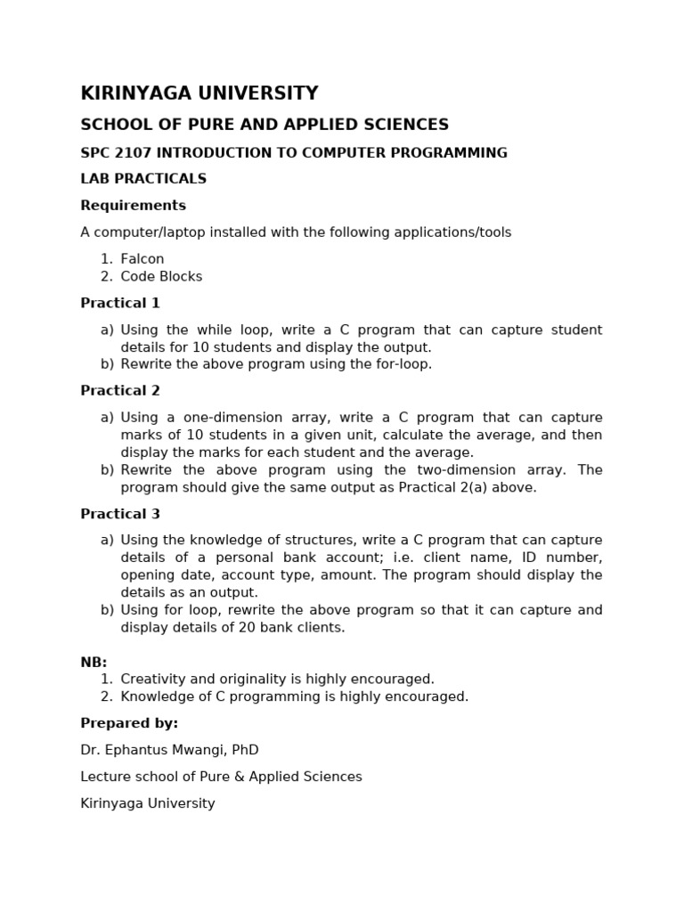SPC 2107-Introduction To Computer Programming Practicals | PDF