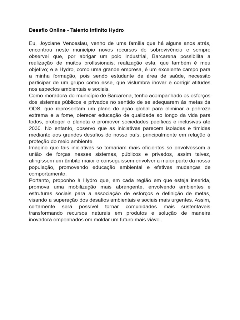 Desafio Online - Talento Infinito Hydro | PDF