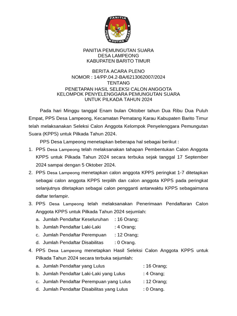 0 Berita Acara PPS Penetapan Hasil Seleksi KPPS Desa Lampeong | PDF