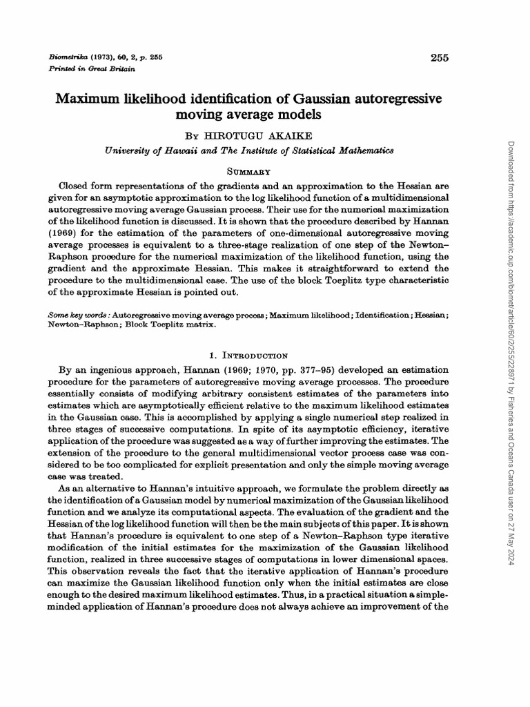 Akaike - 1973 - Maximum Likelihood Identification of Gaussian Autoregressive Moving Average ...