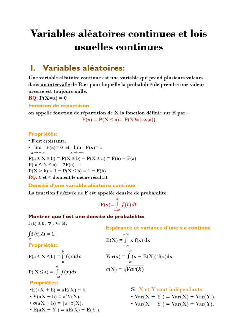 Variables Aléatoires Continues Et Lois Usuelles Continues | PDF