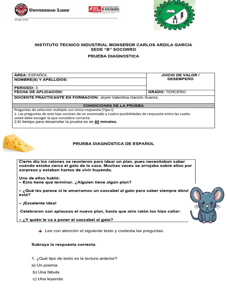 Prueba Diagnostica de Español Tercero | PDF