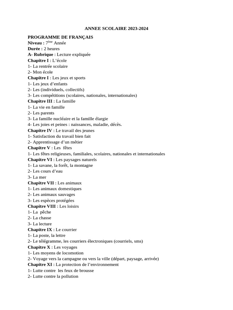 Programme de Français 7ème Année 2023-2024 | PDF | Verbe | Nombre ...