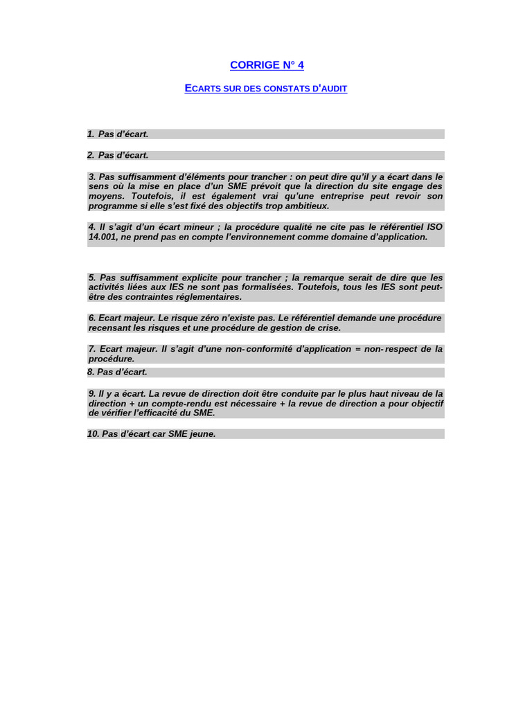 Corrigé EX 4 Non Conformité ISO 14001 | PDF