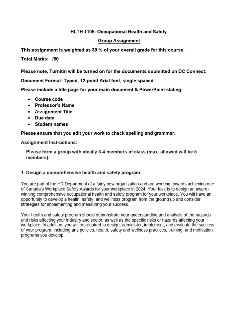 HLTH 1106 - Group Assignment Instructions & Rubric (Winter 2024) | PDF | Occupational Safety And ...
