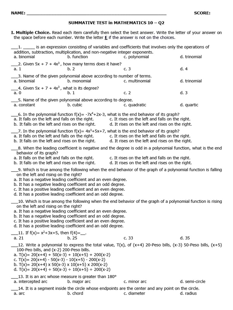 Q2 Math10 ST | PDF