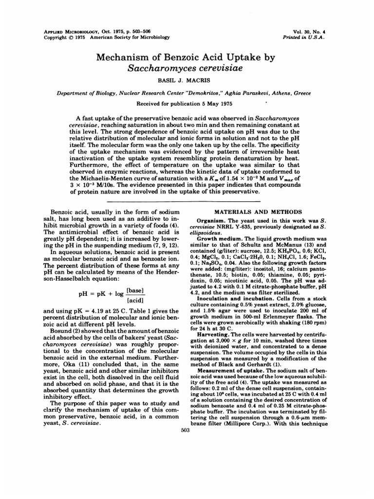 Mechanism of Benzoic Acid Uptake by | PDF