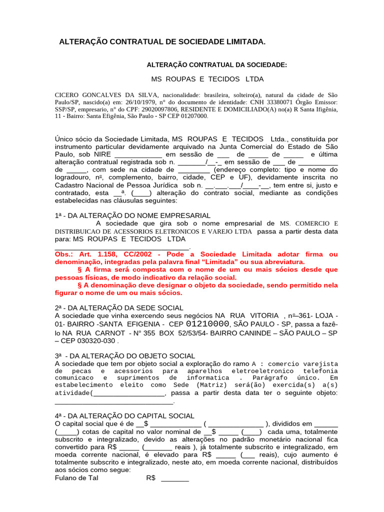 Modelo Alteracao Contratual | PDF