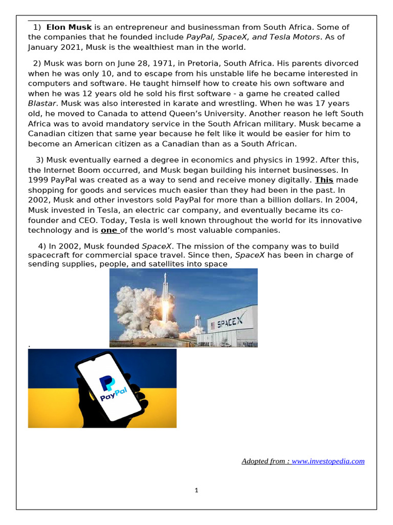 ELON Musk GLOBAL TEST COMPREHEN PART 2ND VERSION 2024 | PDF | Elon Musk ...