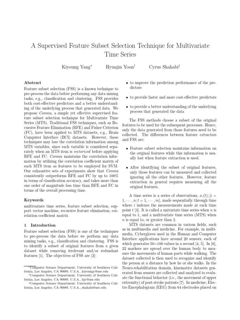 A Supervised Feature Subset Selection Technique For Multivariate Time Series | PDF