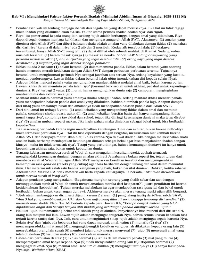 Ringkasan Minhajul Abidin 12 Bab 6 A | PDF