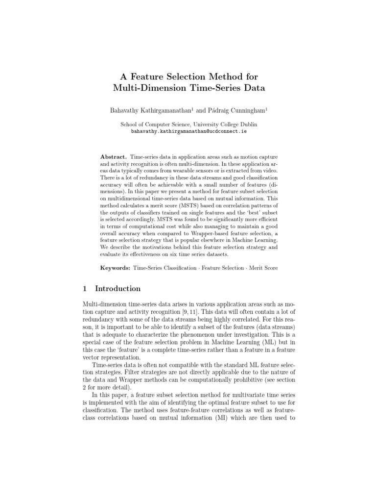 A Feature Selection Method For Multi Dimension Time Series Data Pdf