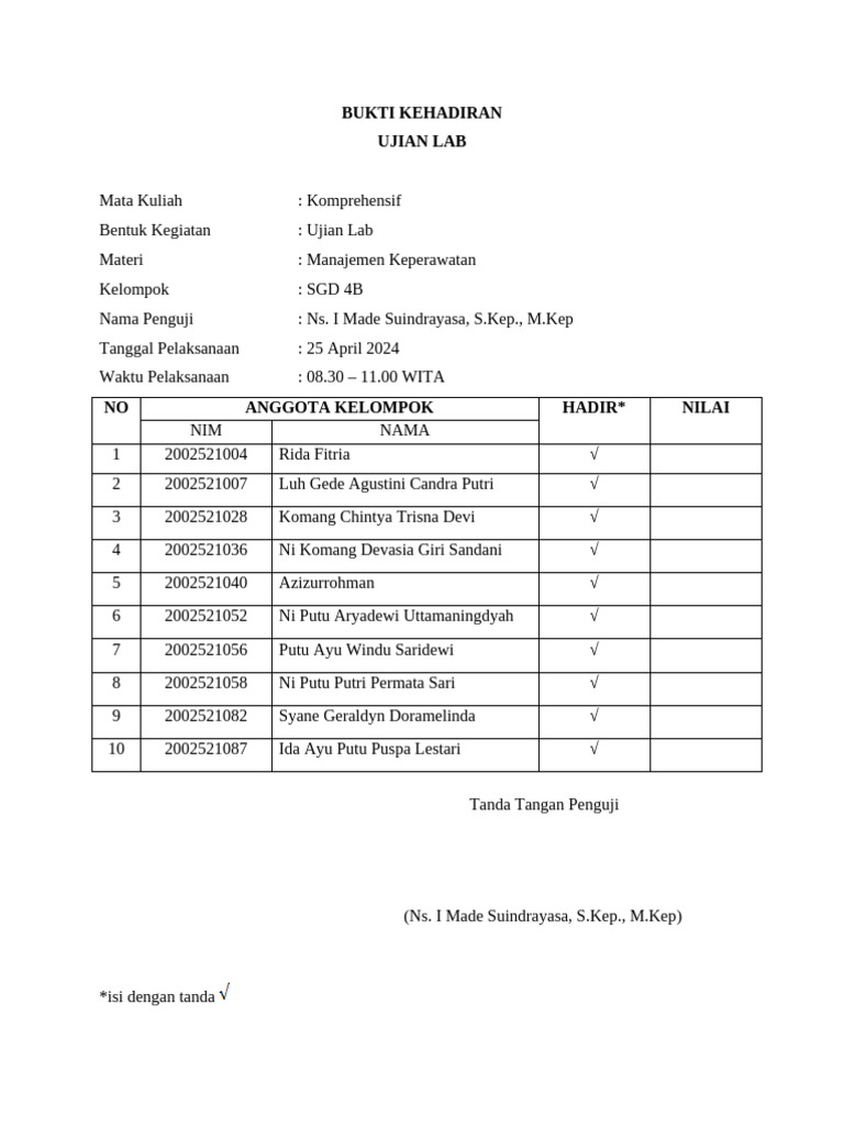 Absensi Ujian Lab Kompre - SGD 4B | PDF
