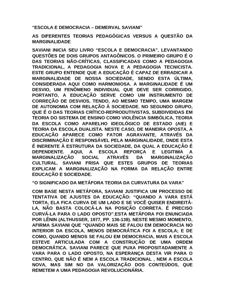 Dermeval Saviani - Escola e Democracia | PDF