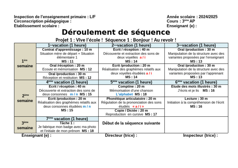 Déroulement de Séquence 3ème A.P - Bonjour ! Au Revoir !.docx Version 1 | PDF
