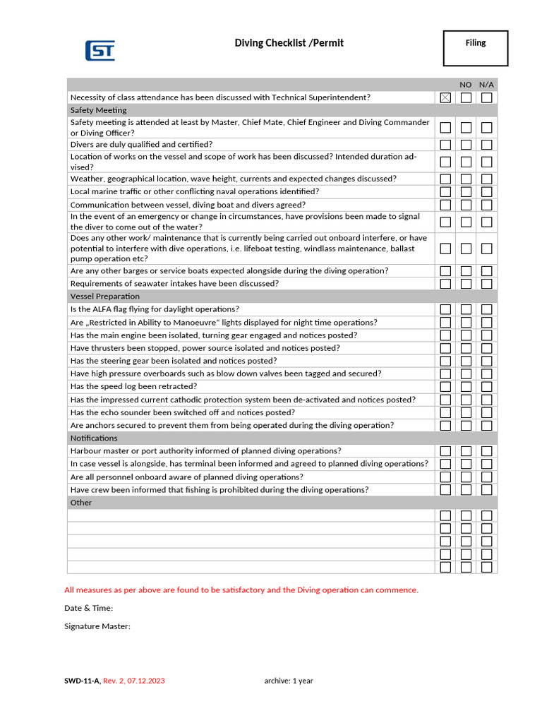 DO-SWD-11-A Diving Checklist and Permit, Rev. 2 | PDF