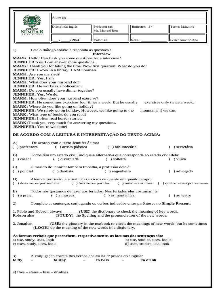 prova 8 ano 3bi | PDF