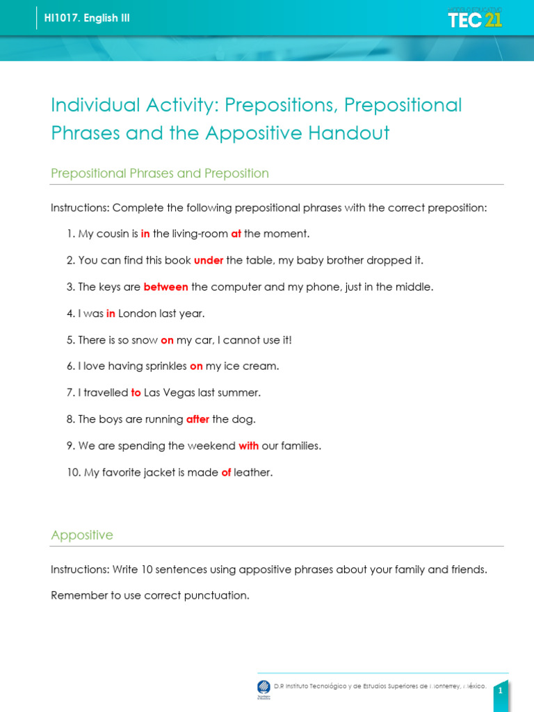 A01236819 - Individual Activity - PrepositionsPrepositional Phrases and ...