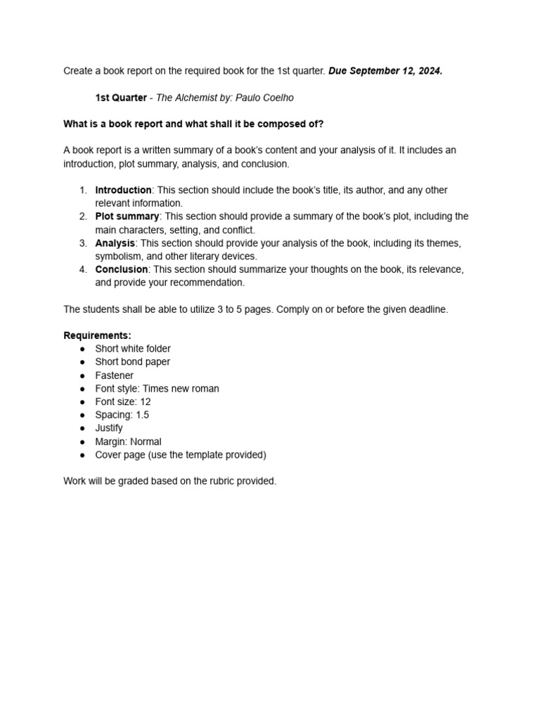 Book Report Template - Rubric Final | PDF