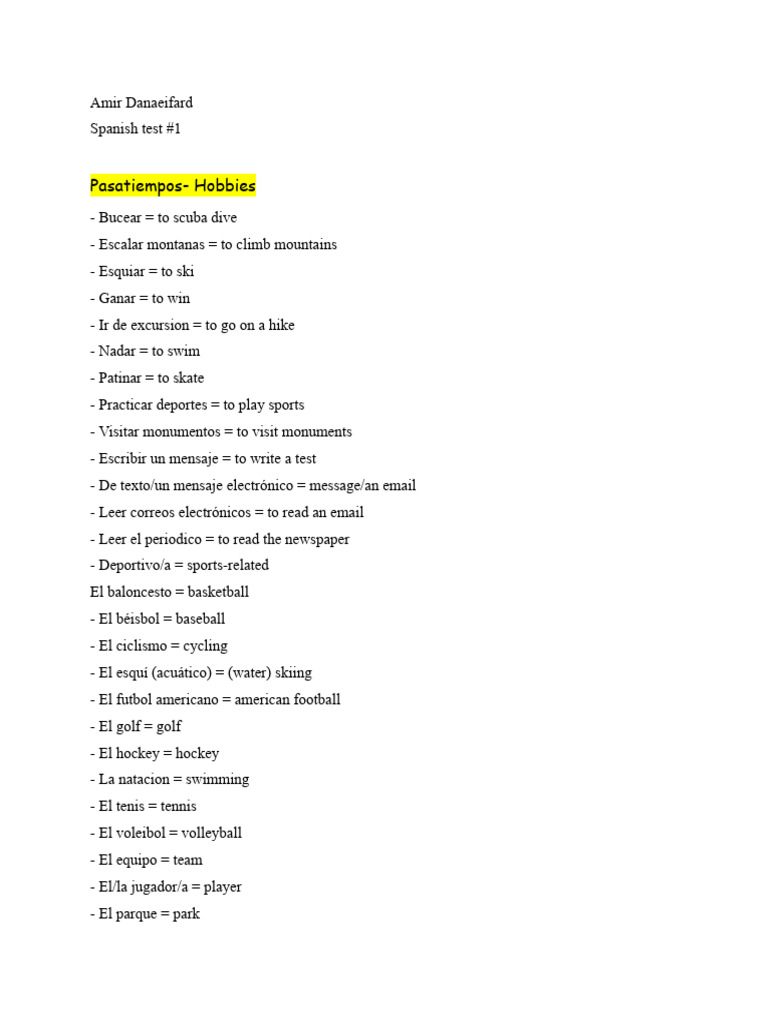 Spanish Verbs and Hobbies Overview | PDF