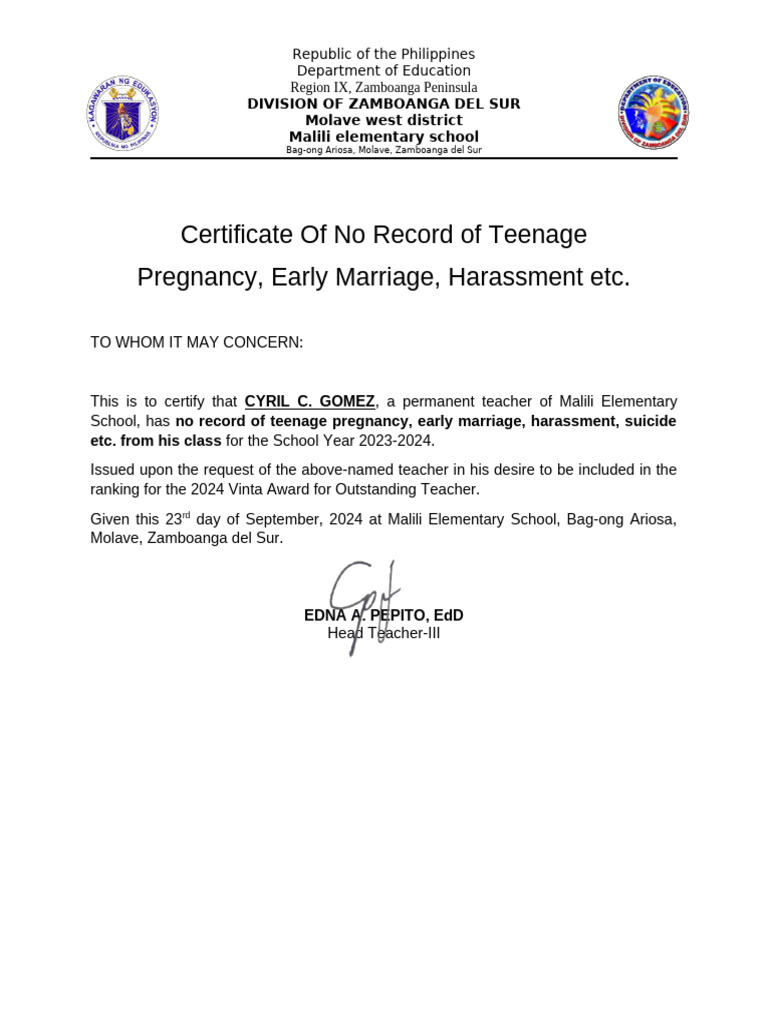 Certificate of No Record for Teacher | PDF