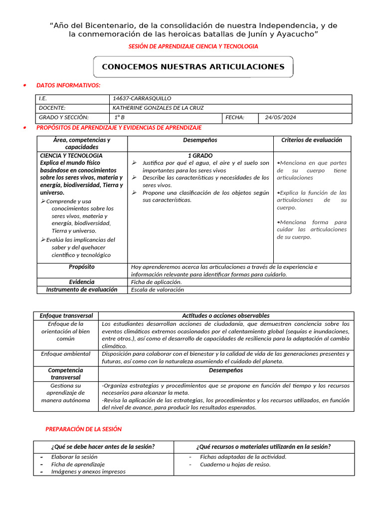 1º U3 S2 Sesion D3 CT Las Articulaciones Maestras de Primaria Del Peru | PDF
