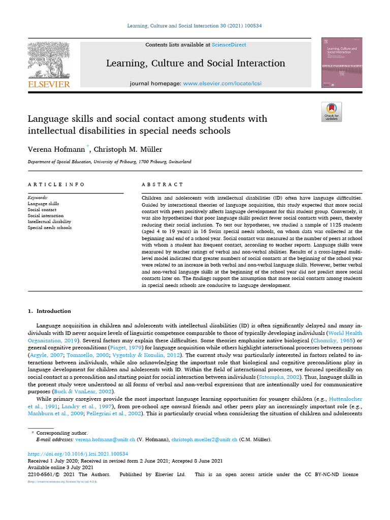 Language Skills and Social Contact in ID Students | PDF | Special ...