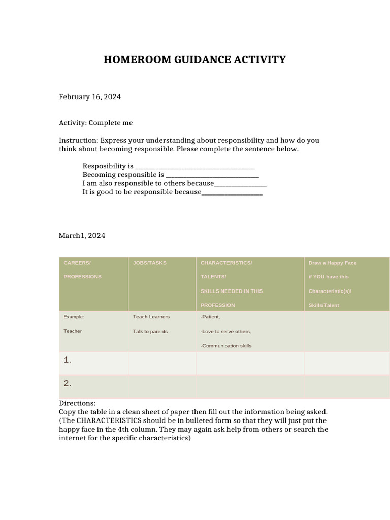 Homeroom Guidance Activity | PDF