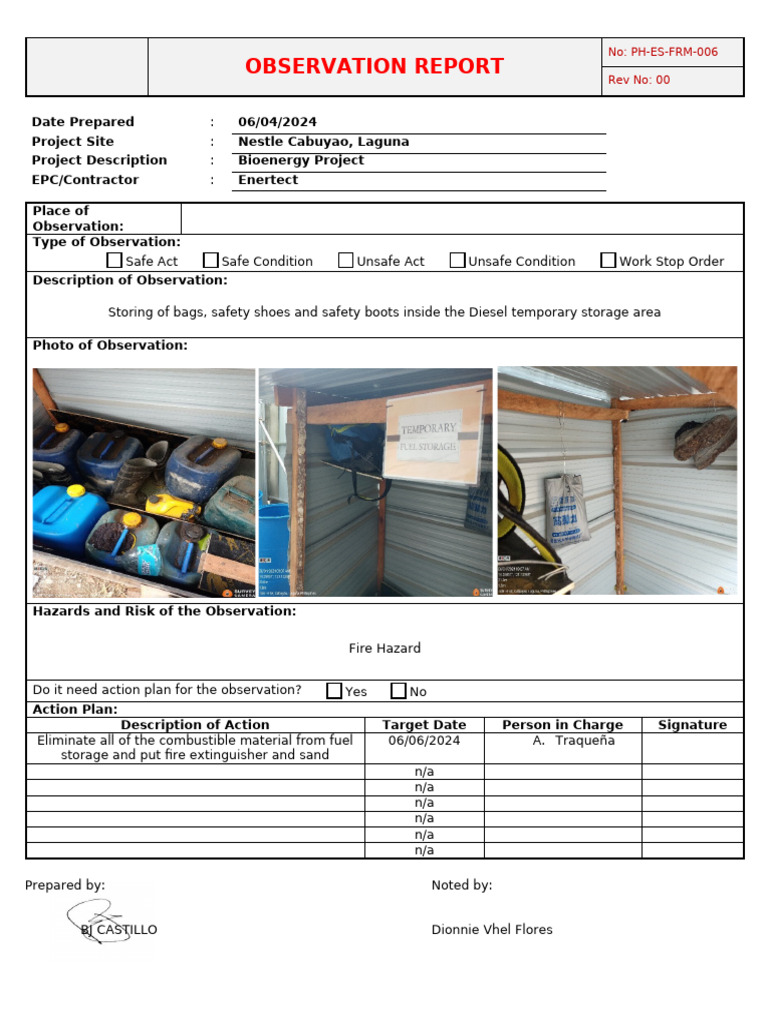 Observation Report Fuel Storage 1 Corrective Action | PDF